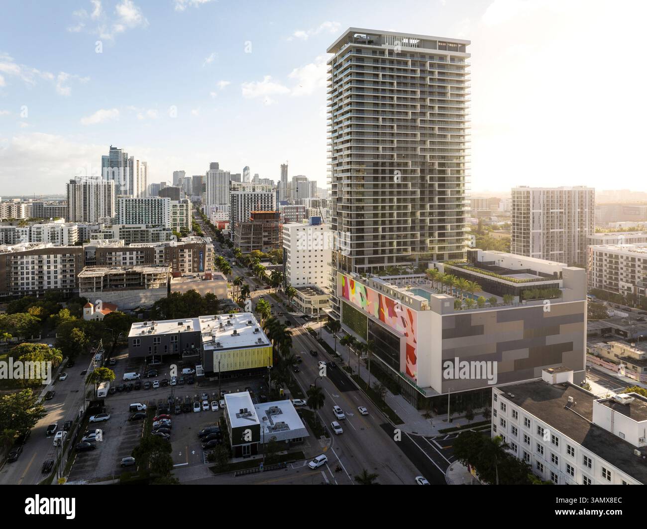 Aerial view of modern skyscrapers and residential buildings with ...