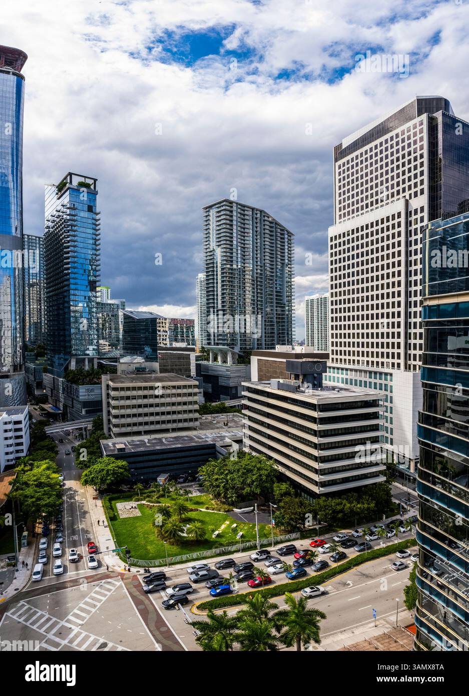 Aerial view of modern skyscrapers and busy streets in downtown Brickell ...