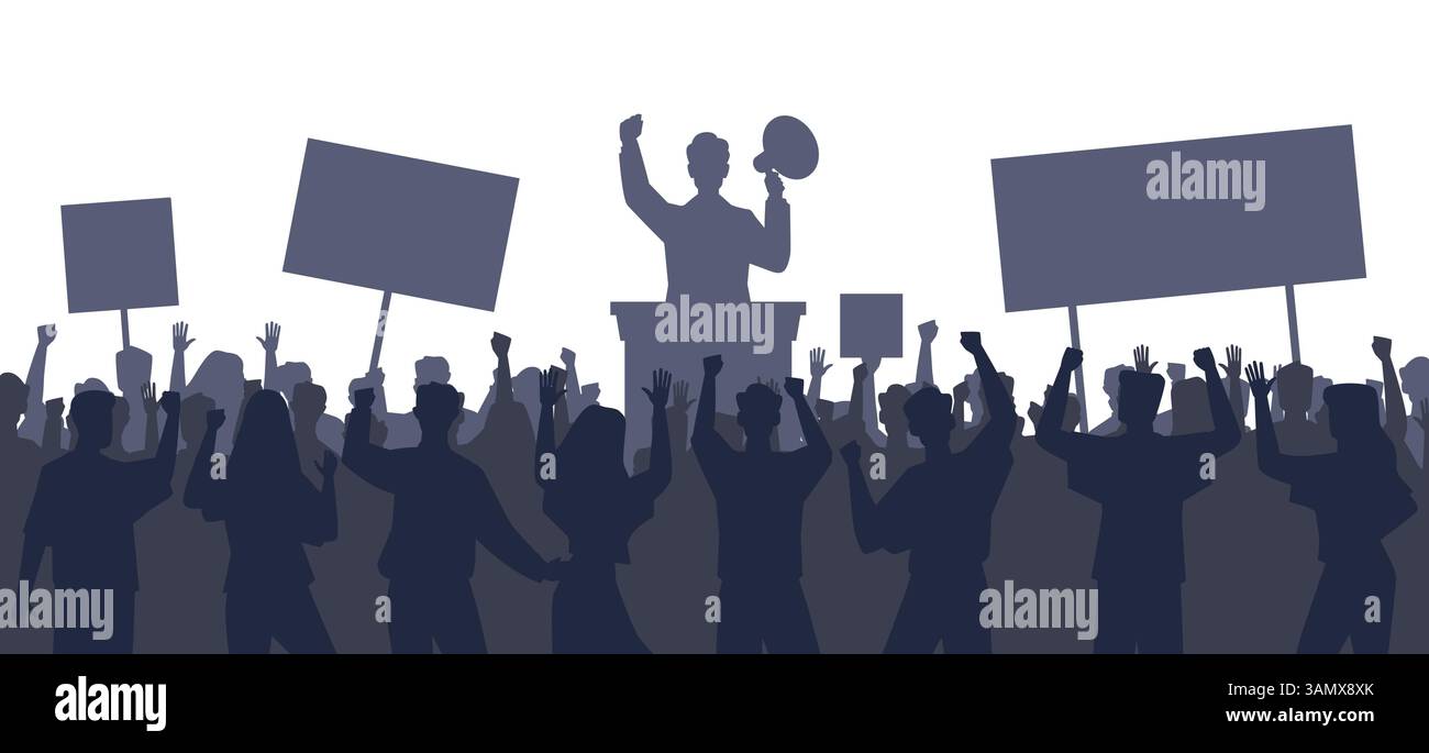 Silhouettes people at political rally. People with banner and placard ...