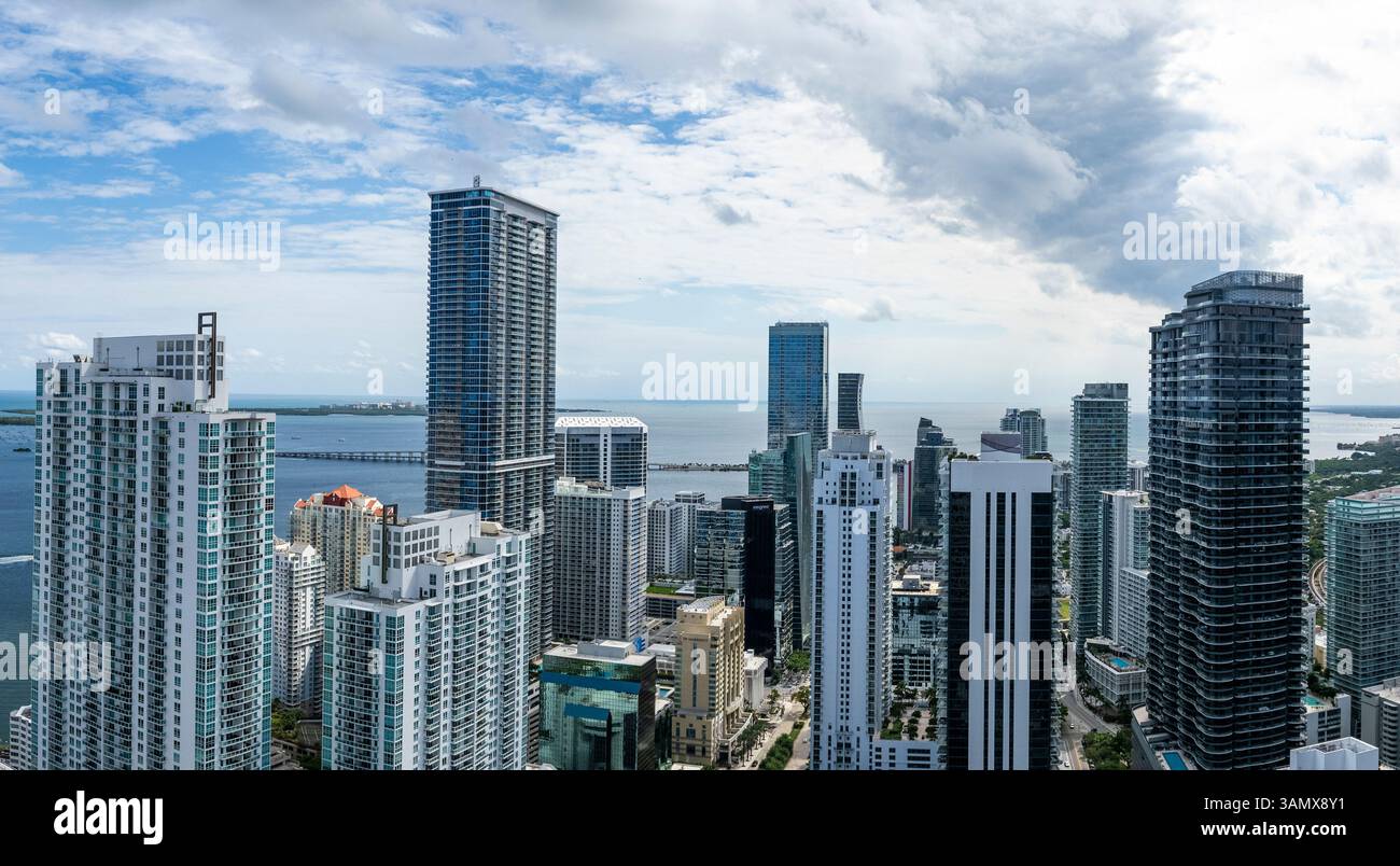 Aerial view of modern skyscrapers and urban landscape overlooking ...