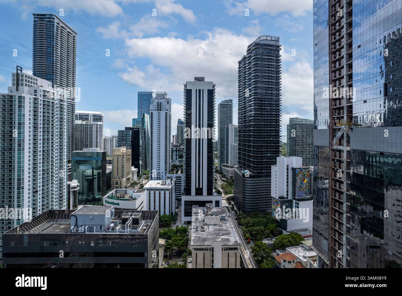Aerial view of modern skyscrapers and busy streets in Brickell, Miami ...