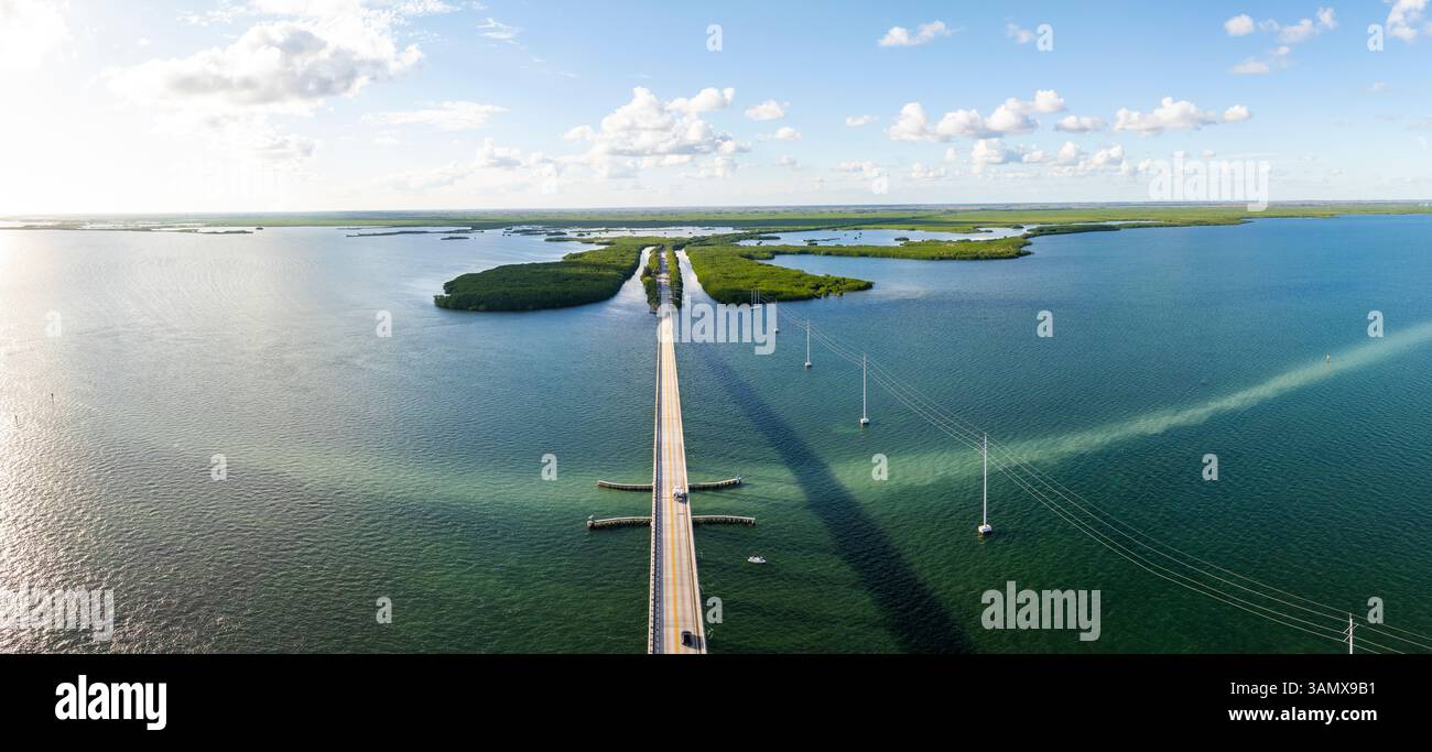 Aerial view of Card Sound Bridge over tranquil blue waters with scenic ...