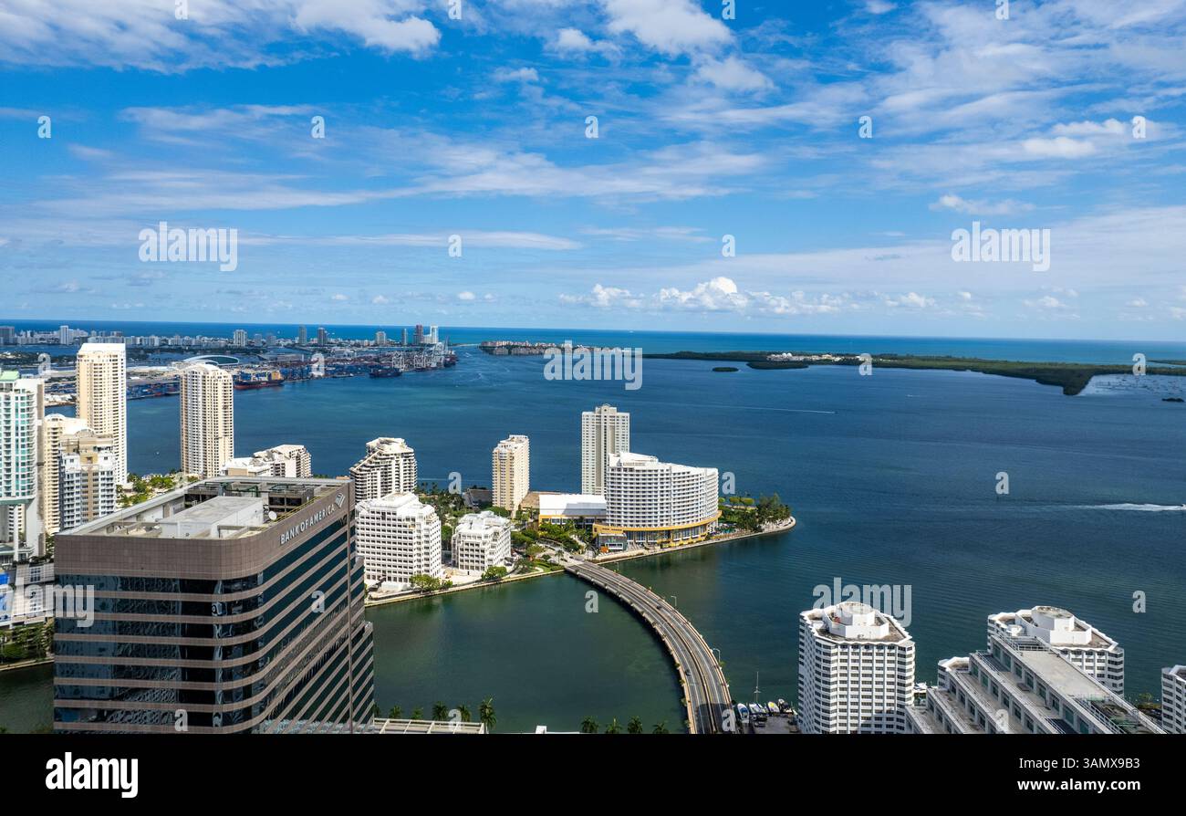 Aerial view of modern skyscrapers and beautiful waterfront along ...