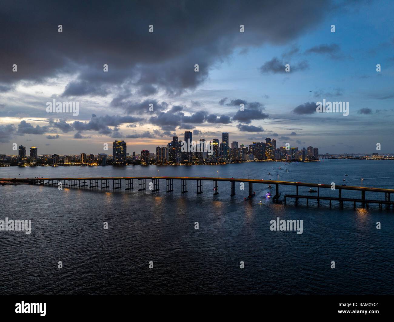 Aerial view of the beautiful skyline and Rickenbacker Causeway over ...