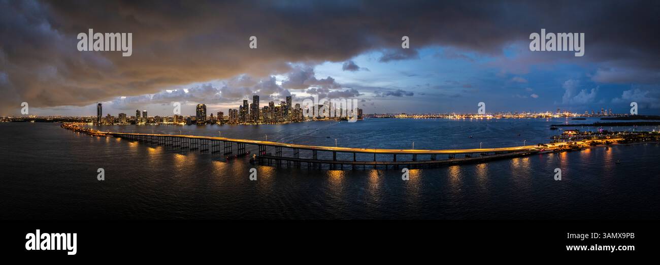 Aerial view of downtown miami skyline at dusk with rickenbacker ...