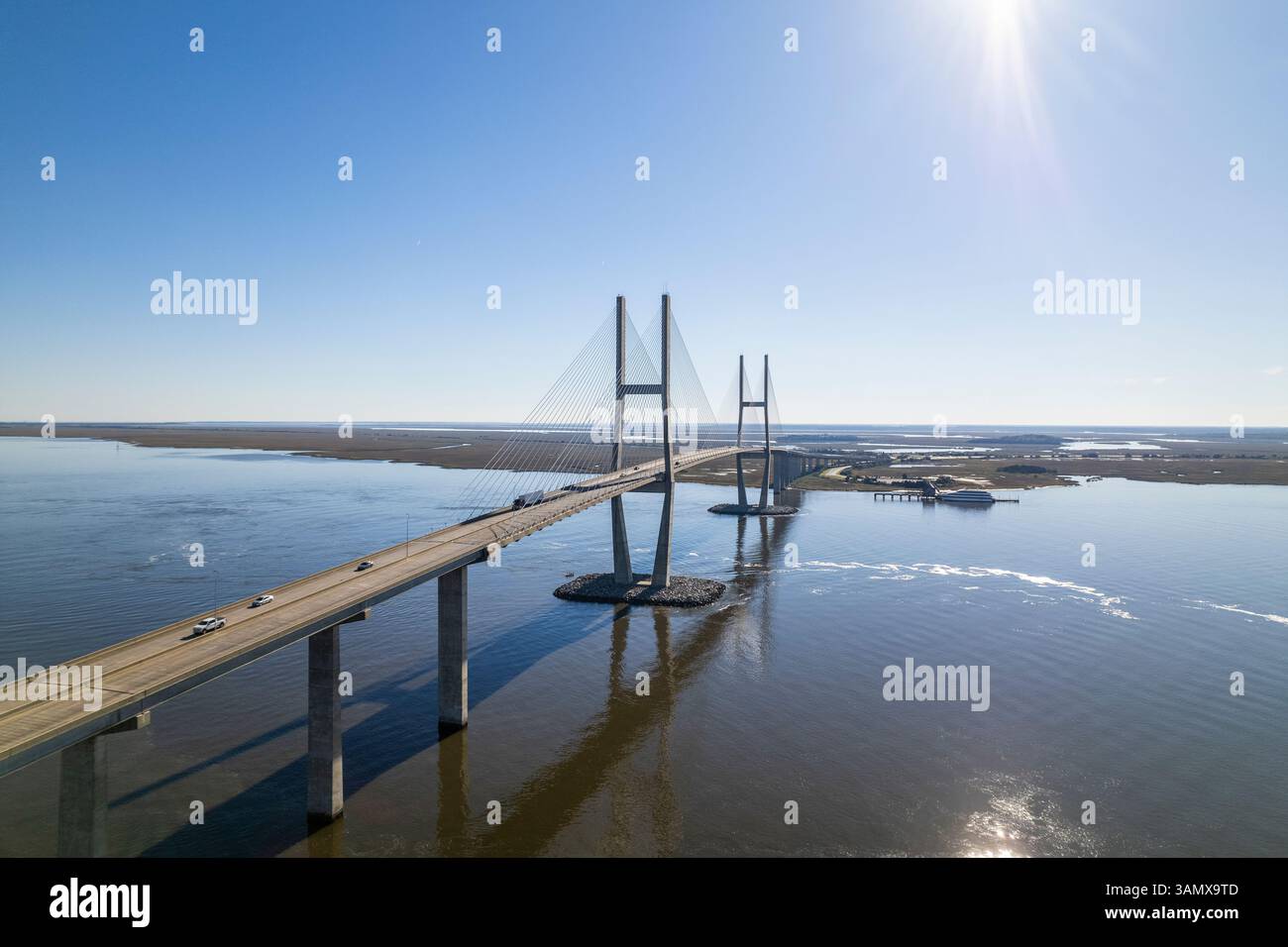 Aerial view of the modern Sidney Lanier suspension bridge spanning the ...