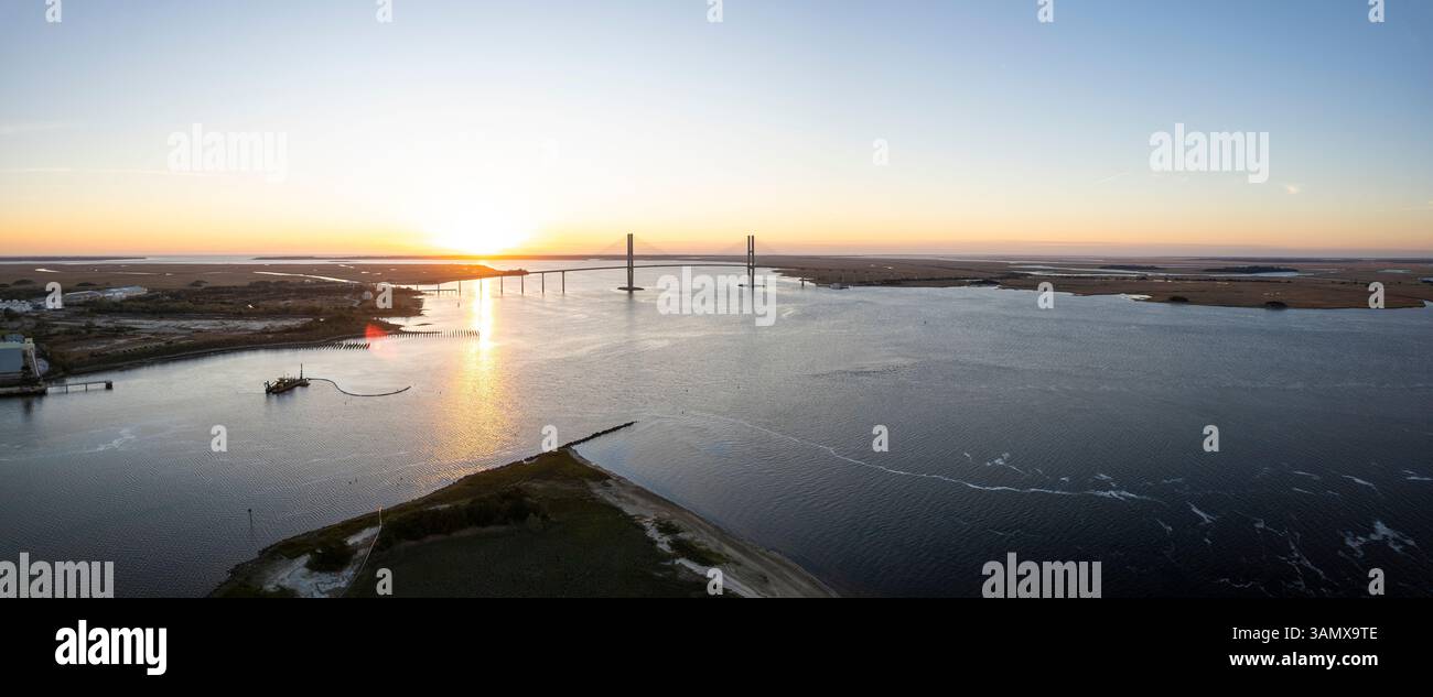 Aerial view of sidney lanier bridge over brunswick river at sunset ...