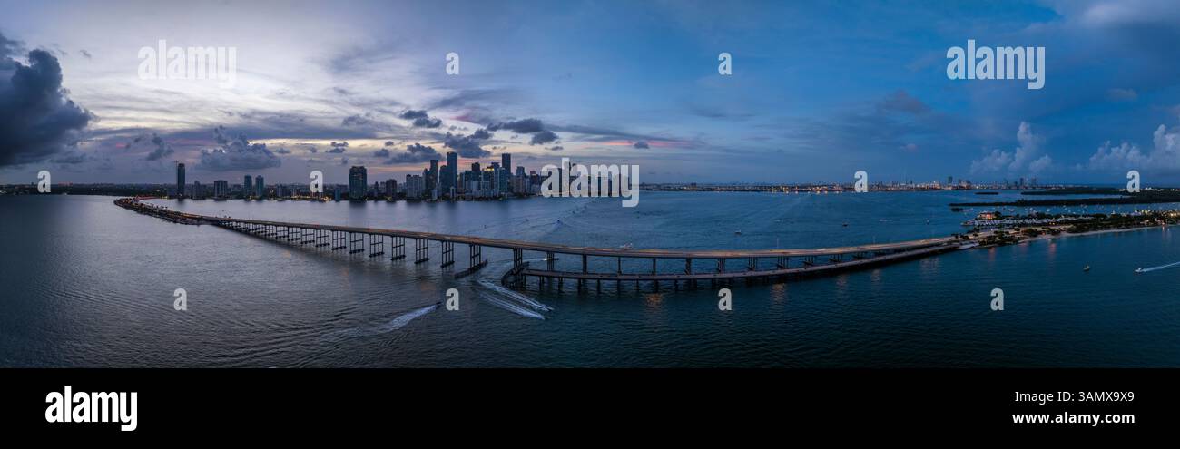 Aerial view of the skyline of downtown Miami with Rickenbacker Causeway ...