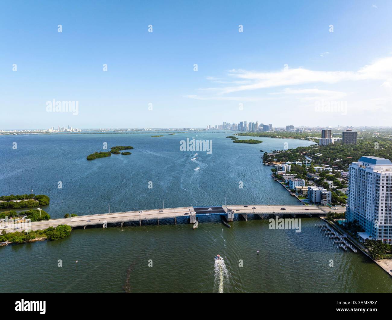 Aerial view of JFK Causeway over Biscayne Bay with beautiful skyline ...