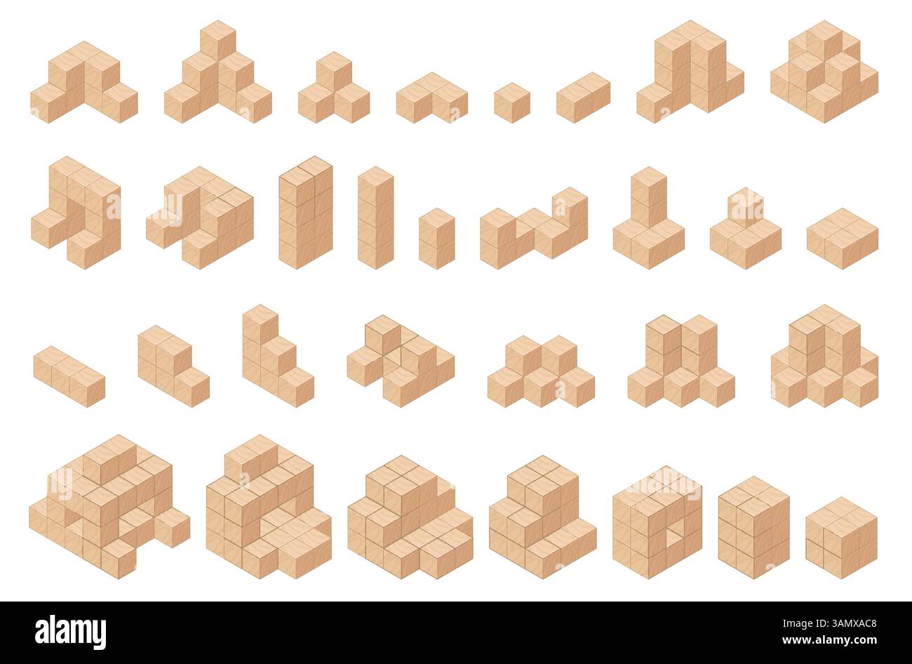 Isometric wooden cubes. Constructor elements, textured blocks, children ...