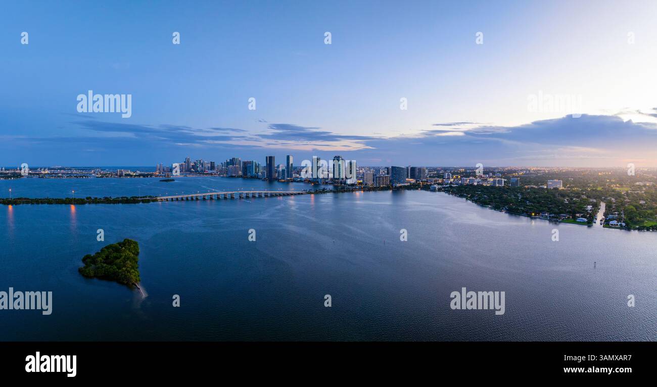 Aerial view of Miami skyline at sunset over Biscayne Bay and Oleta ...