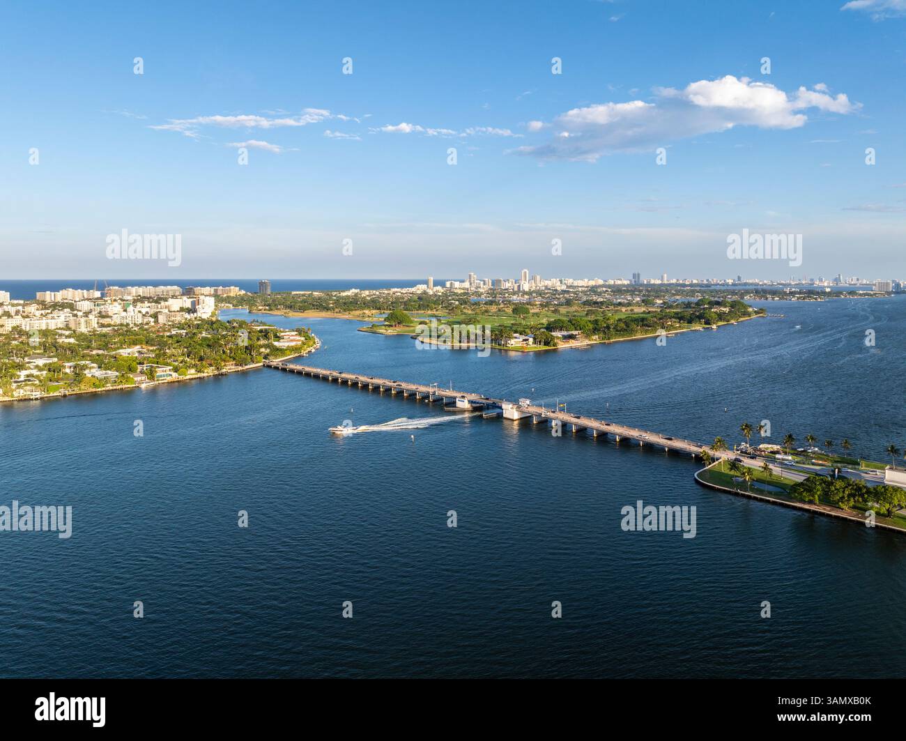 Aerial view of Bay Harbor Islands cityscape with Biscayne Bay, Florida ...