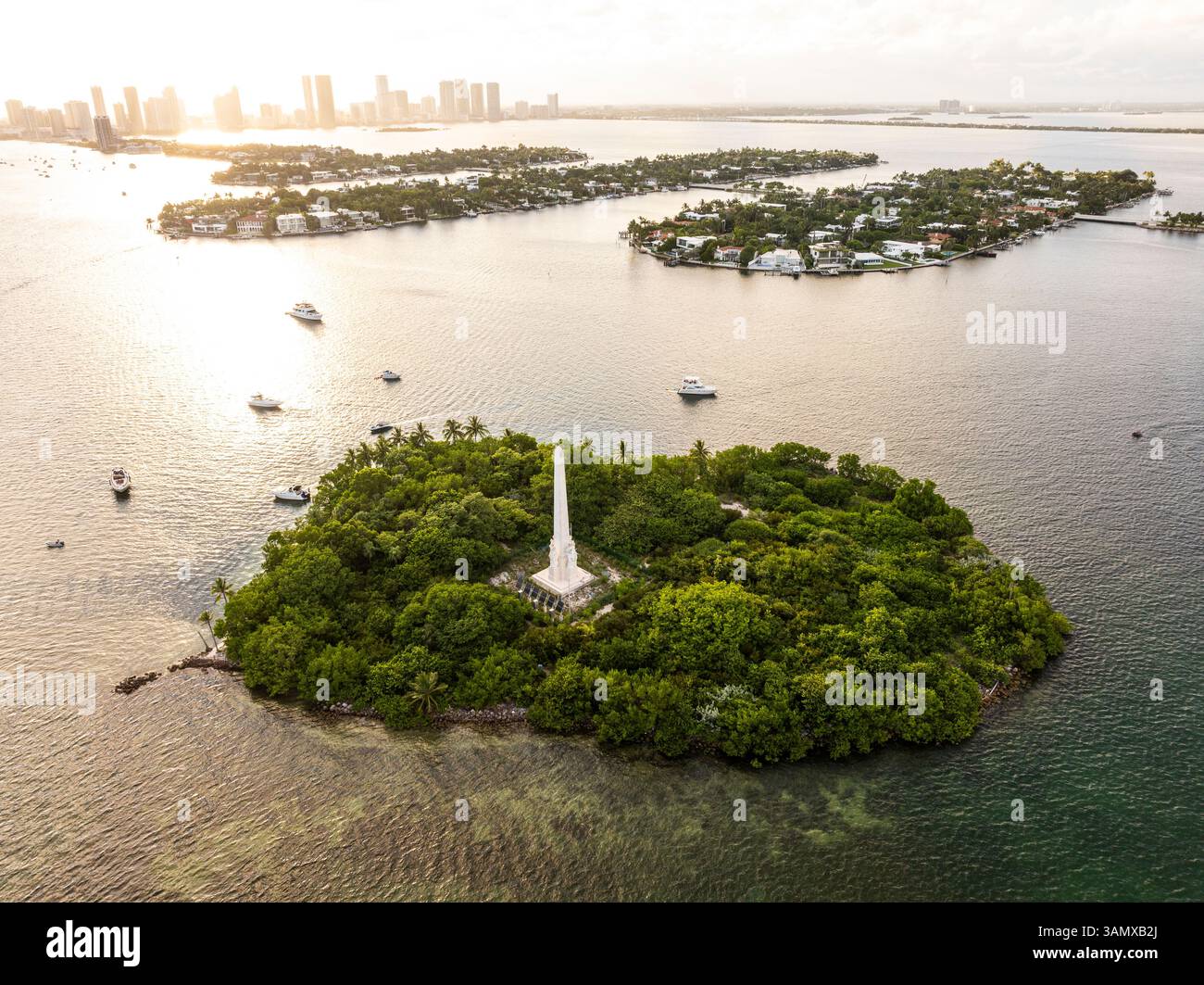 Aerial view of Monument Island in Biscayne Bay with beautiful sunset ...