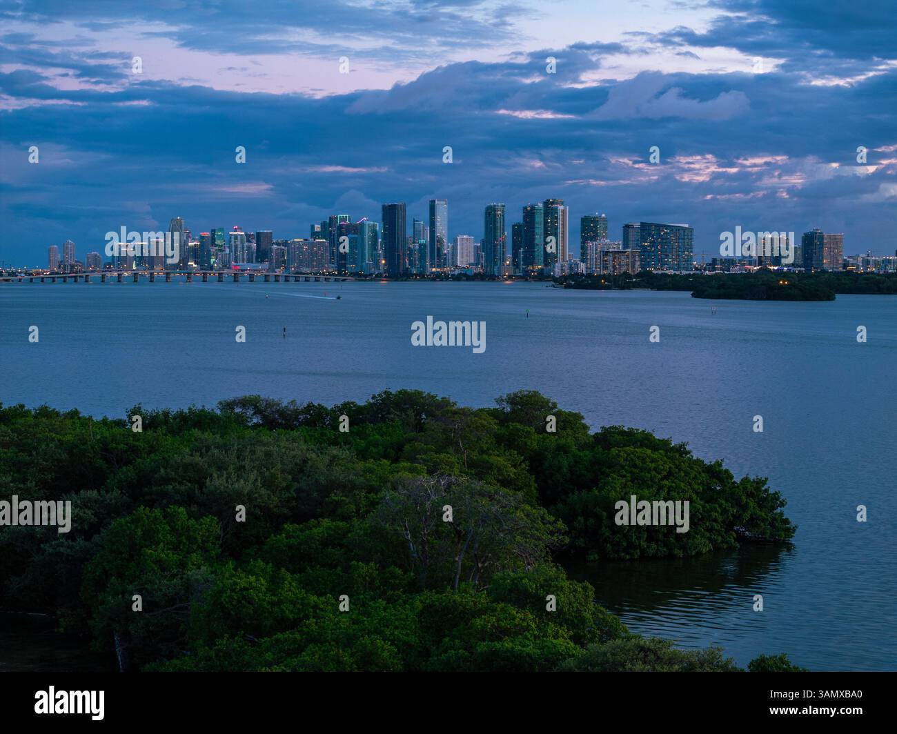 Aerial view of vibrant Miami skyline over Biscayne Bay, Florida, United ...