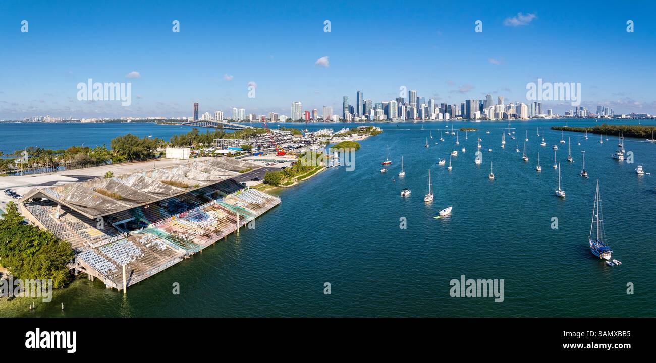 Aerial view of Miami Marine Stadium, Biscayne Bay, Virginia Key ...