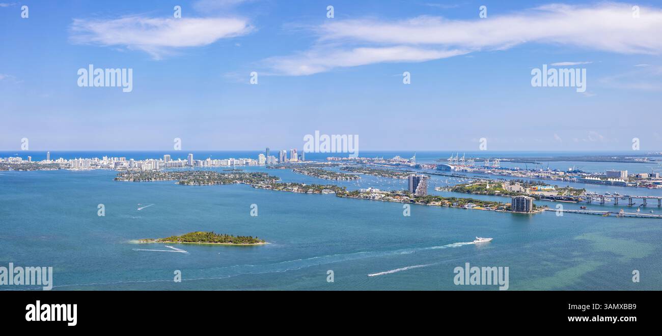 Aerial view of Biscayne Bay with Miami skyline and island, Edgewater ...