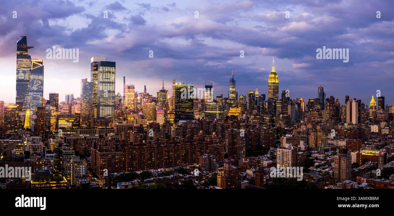 Aerial view of modern skyscrapers in Hudson Yards, Empire State ...