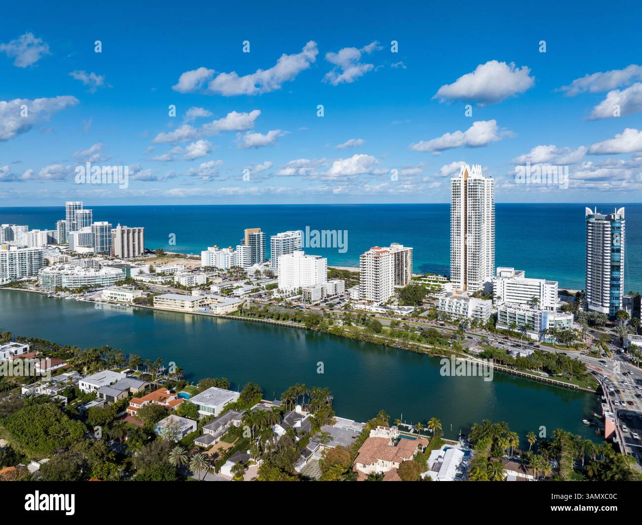 Aerial view of sandy beach and blue ocean along Intracoastal, Miami ...