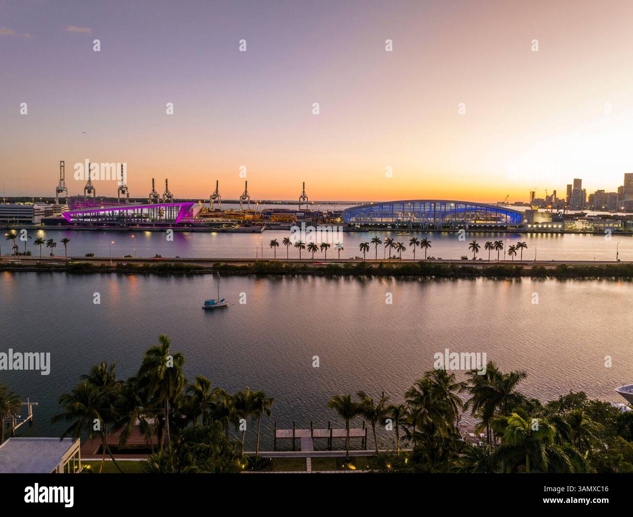 Aerial view of Port of Miami at sunset, Miami Beach, United States ...