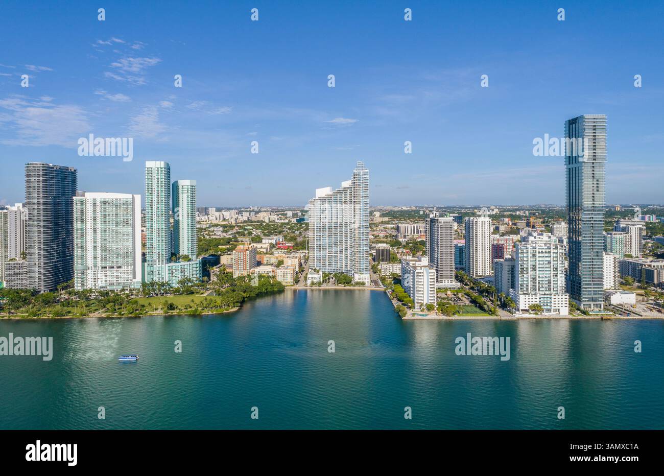Aerial view of urban cityscape with river view, Edgewater, Sunny Isles ...
