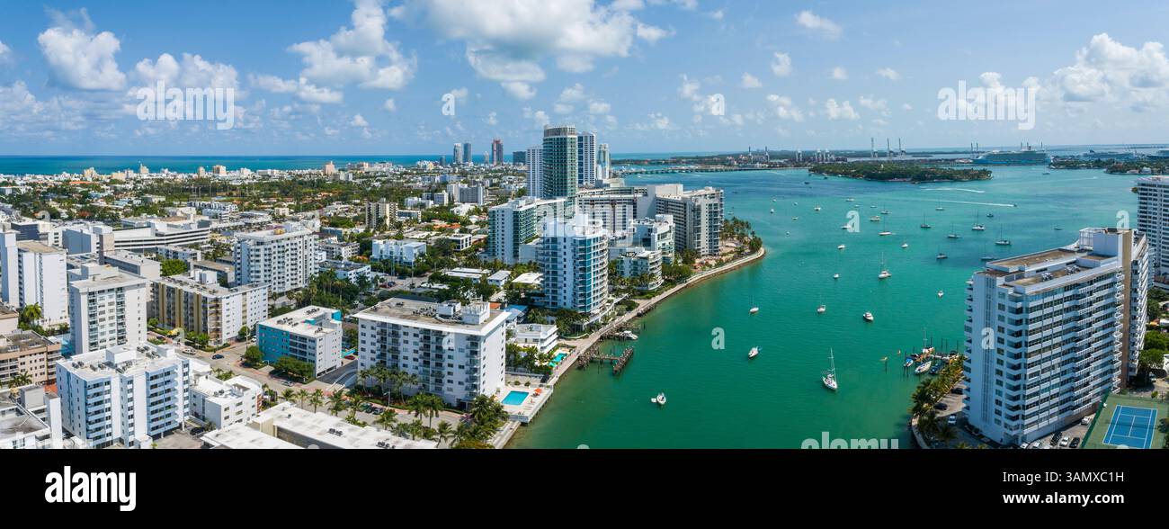 Aerial view of beautiful Miami Beach city by Biscayne Bay, Florida ...