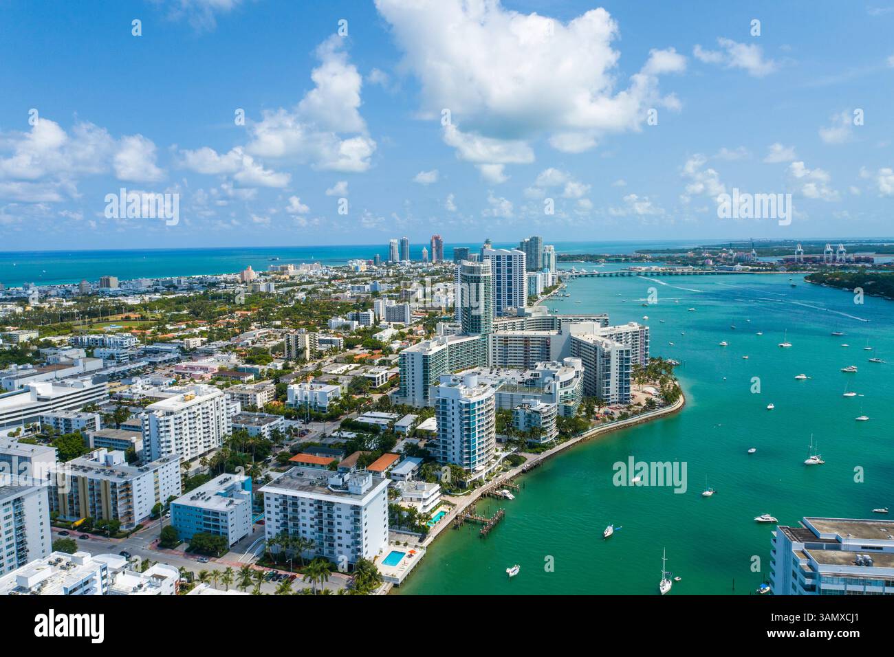 Aerial view of Miami Beach skyline over Biscayne Bay, Florida, United ...