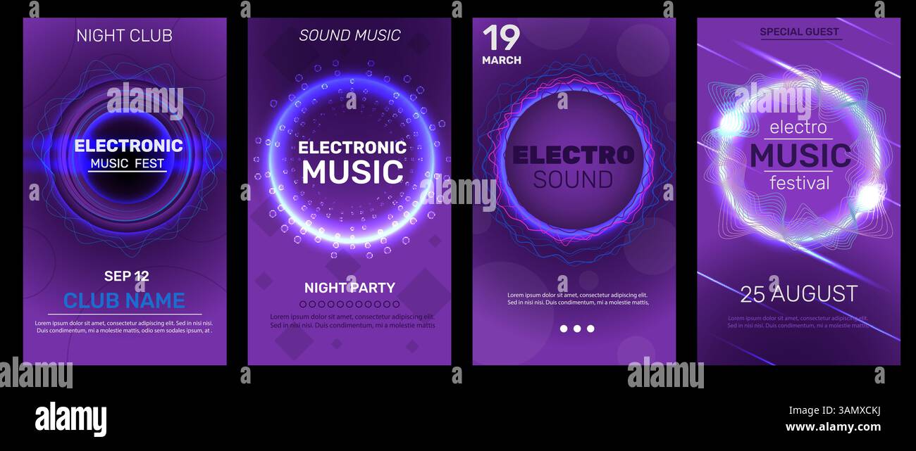 Circle sound waves. Night club invitation posters, electronic techno ...