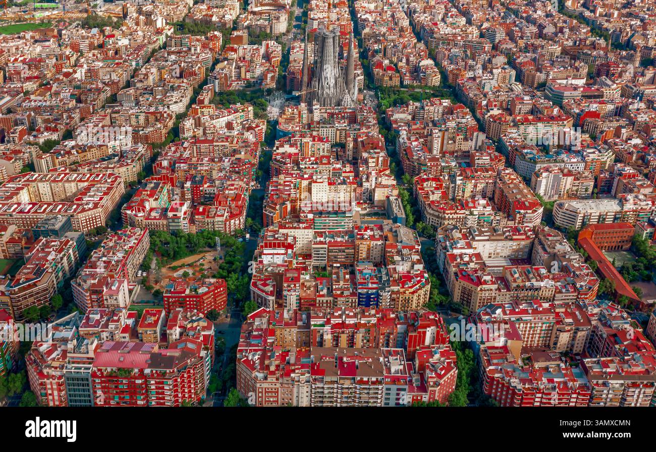 Aerial view of Barcelona downtown, view of the Sagrada Familia, a ...