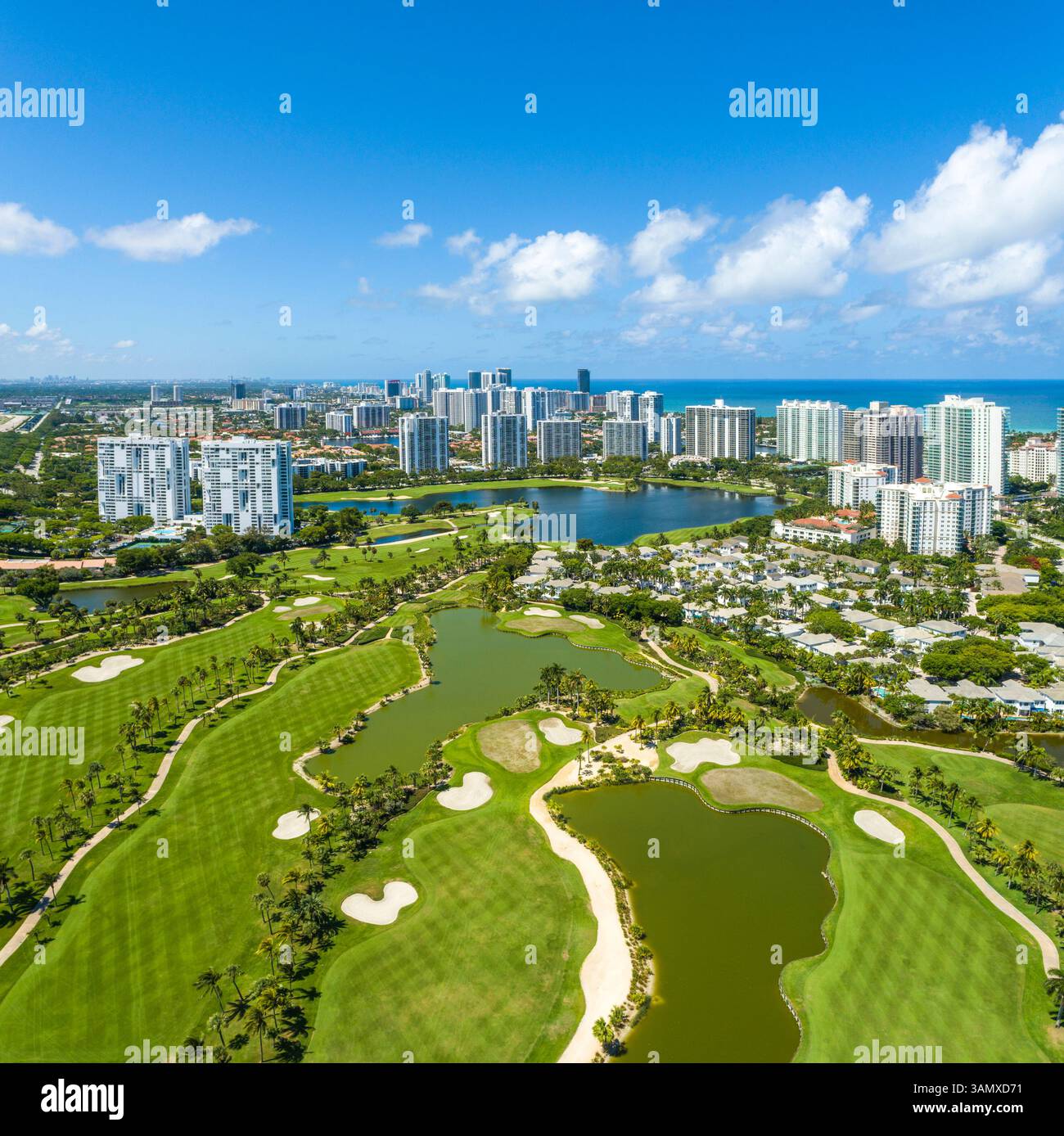 Aerial view of Aventura city skyline and beach, Turnberry Isle Country ...