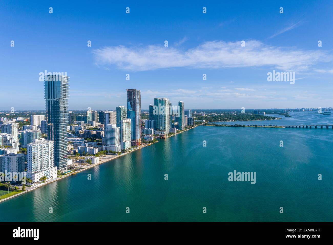 Aerial view of urban skyline with river and skyscrapers, Edgewater ...