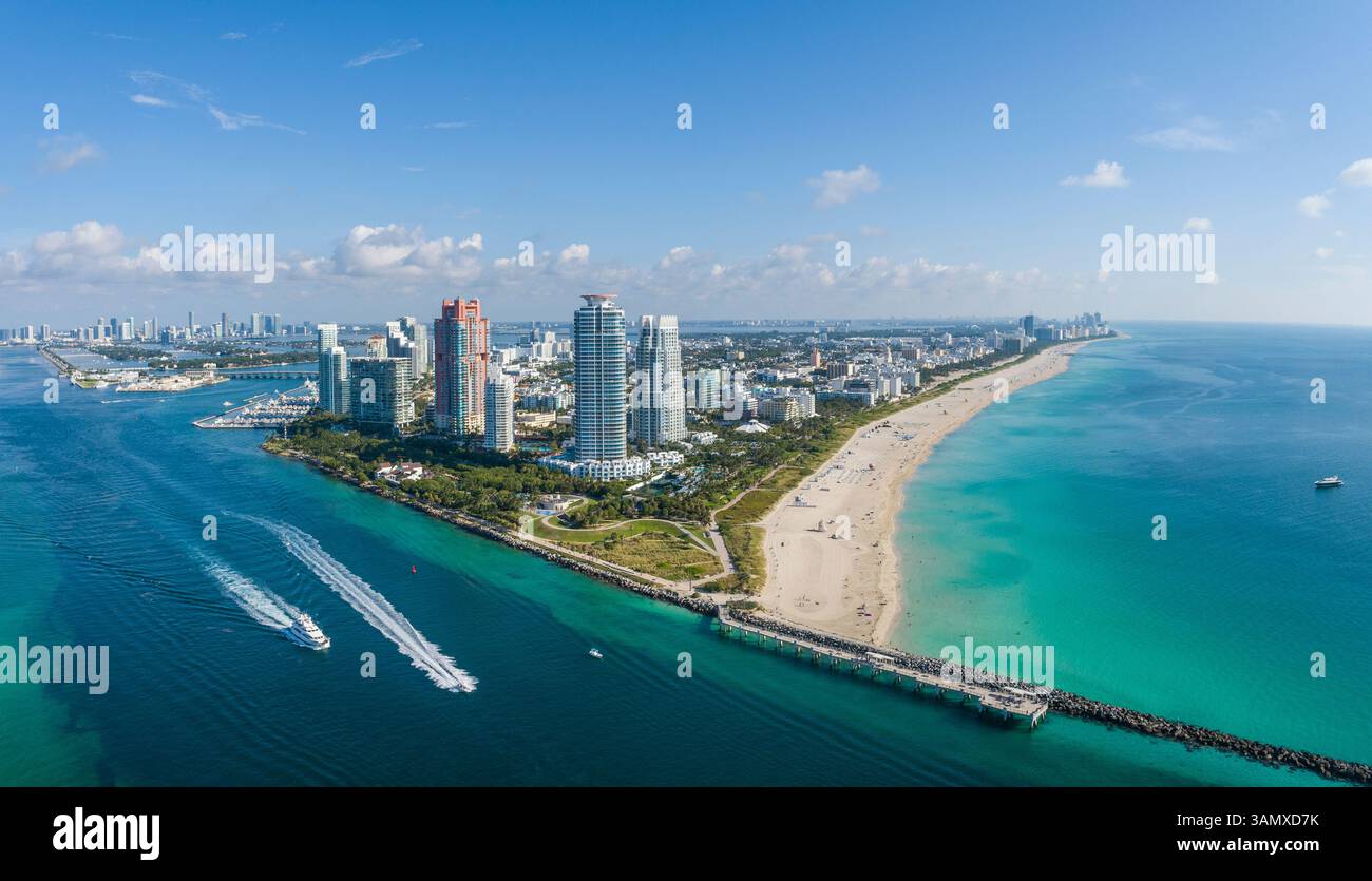 Aerial view of Government Cut and South Pointe Park, Miami Beach ...