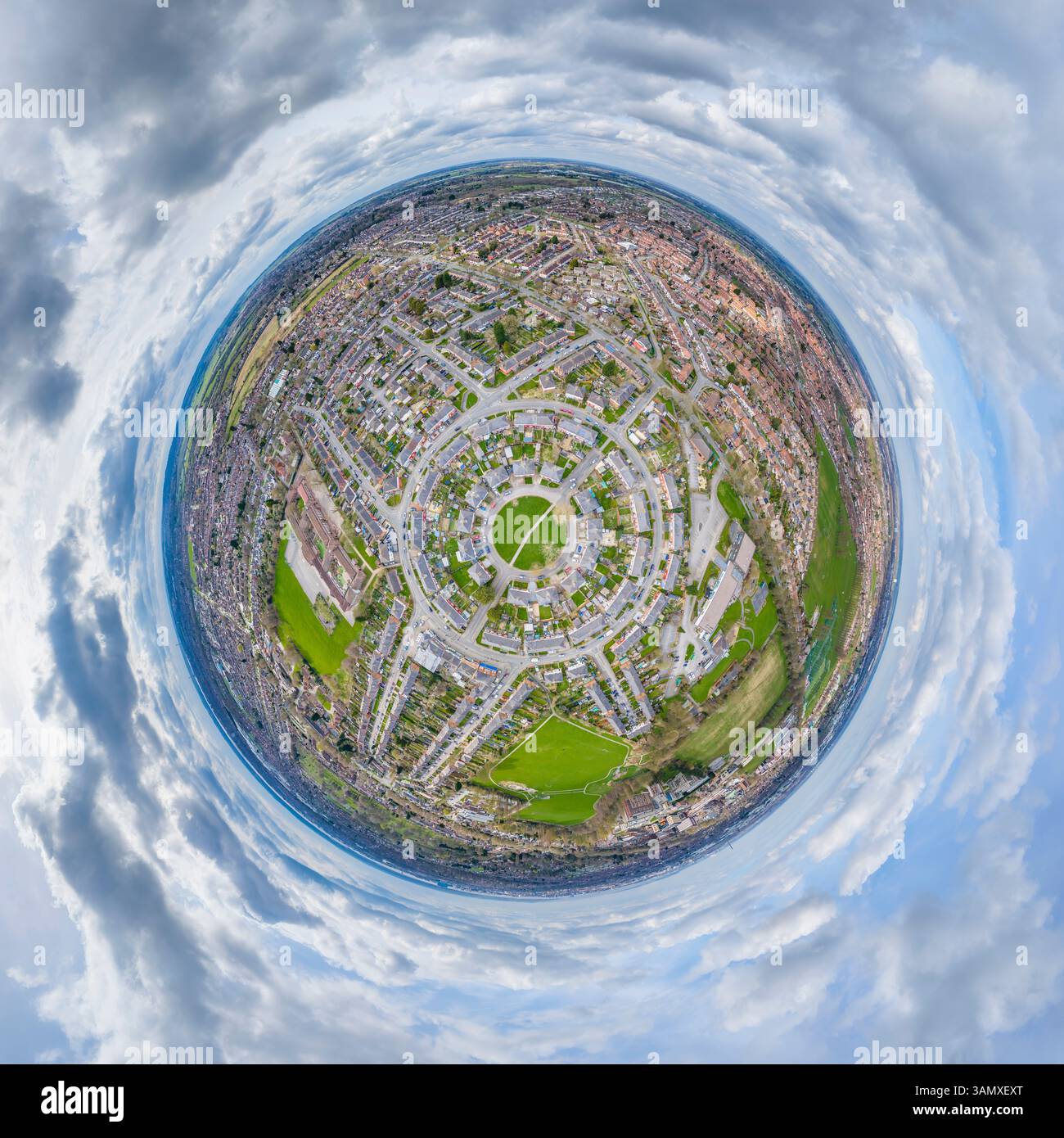 Aerial view of a tiny planet cityscape with beautiful architecture and ...