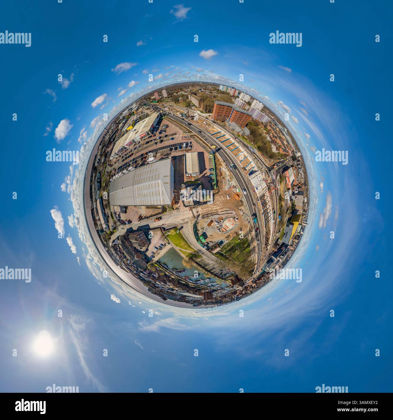 Aerial view of tiny planet cityscape with beautiful buildings and roads ...