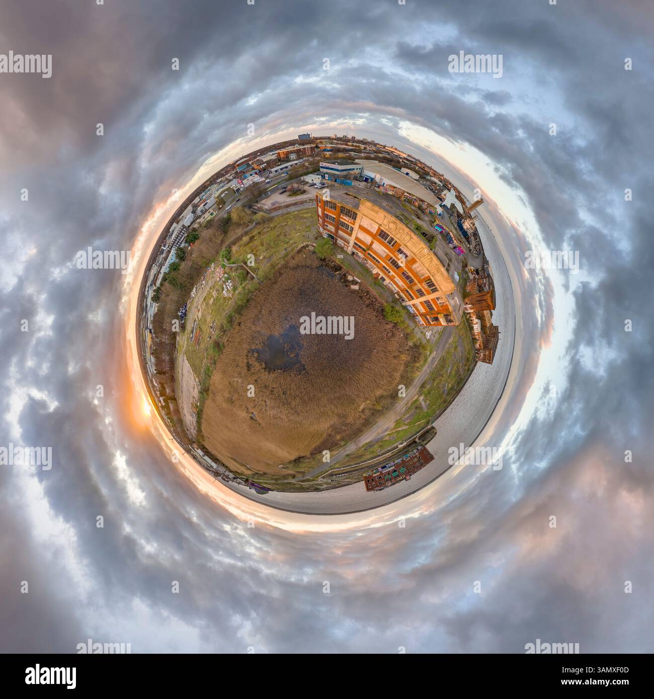 Aerial view of a tiny planet perspective of the city center with ...