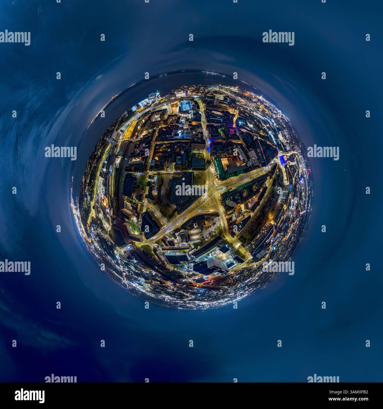 Aerial view of tiny planet cityscape with beautiful lights and historic ...