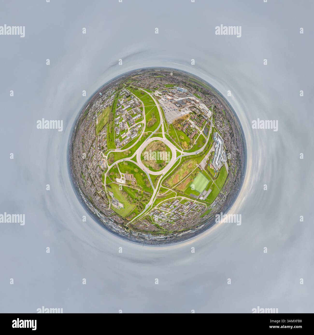 Aerial view of a tiny planet perspective featuring a vibrant urban ...