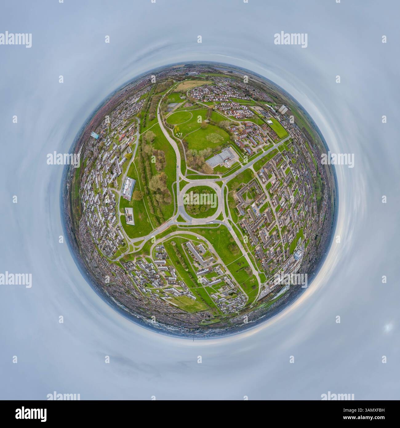 Aerial view of a tiny planet perspective of Bransholme with circular ...