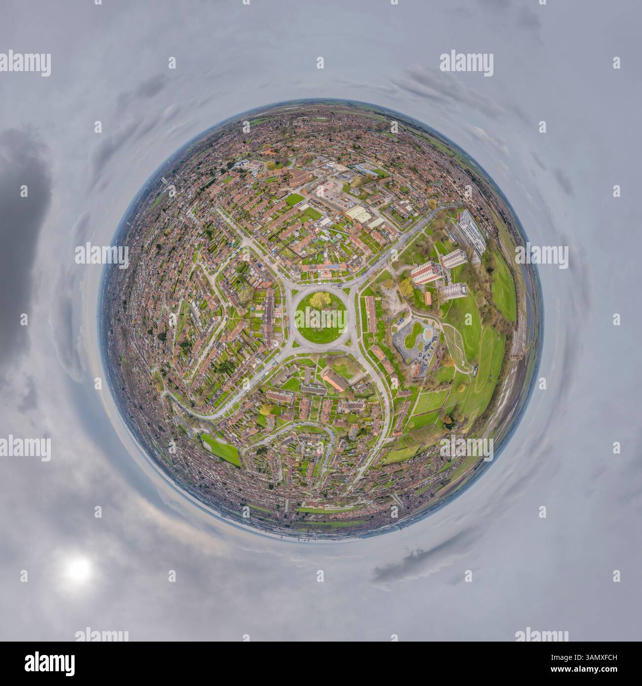 Aerial view of a tiny planet perspective of residential houses and ...