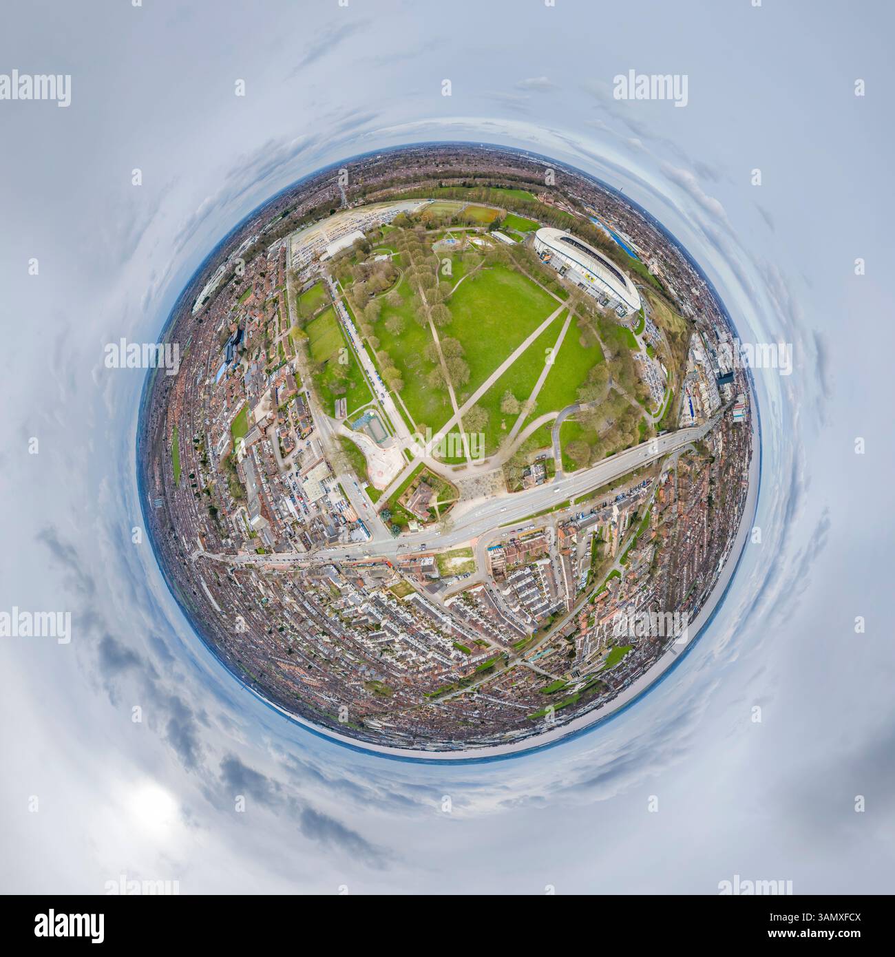 Aerial view of a tiny planet perspective of a beautiful urban landscape ...