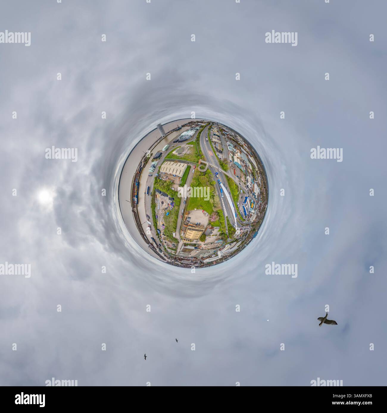 Aerial view of tiny planet perspective of Hull city with buildings ...