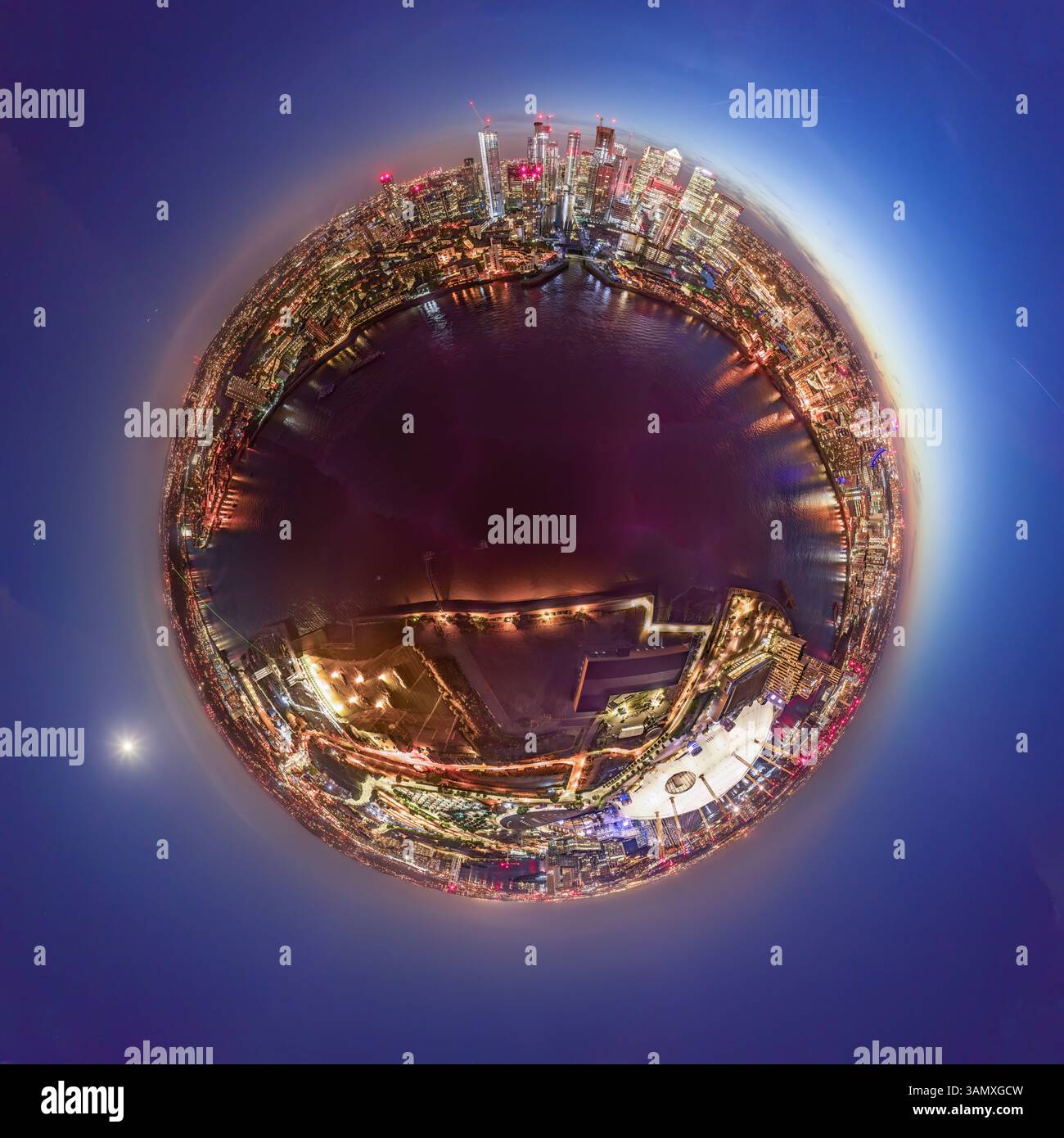 Aerial view of tiny planet cityscape with beautiful skyline and lights at night, London, England ...