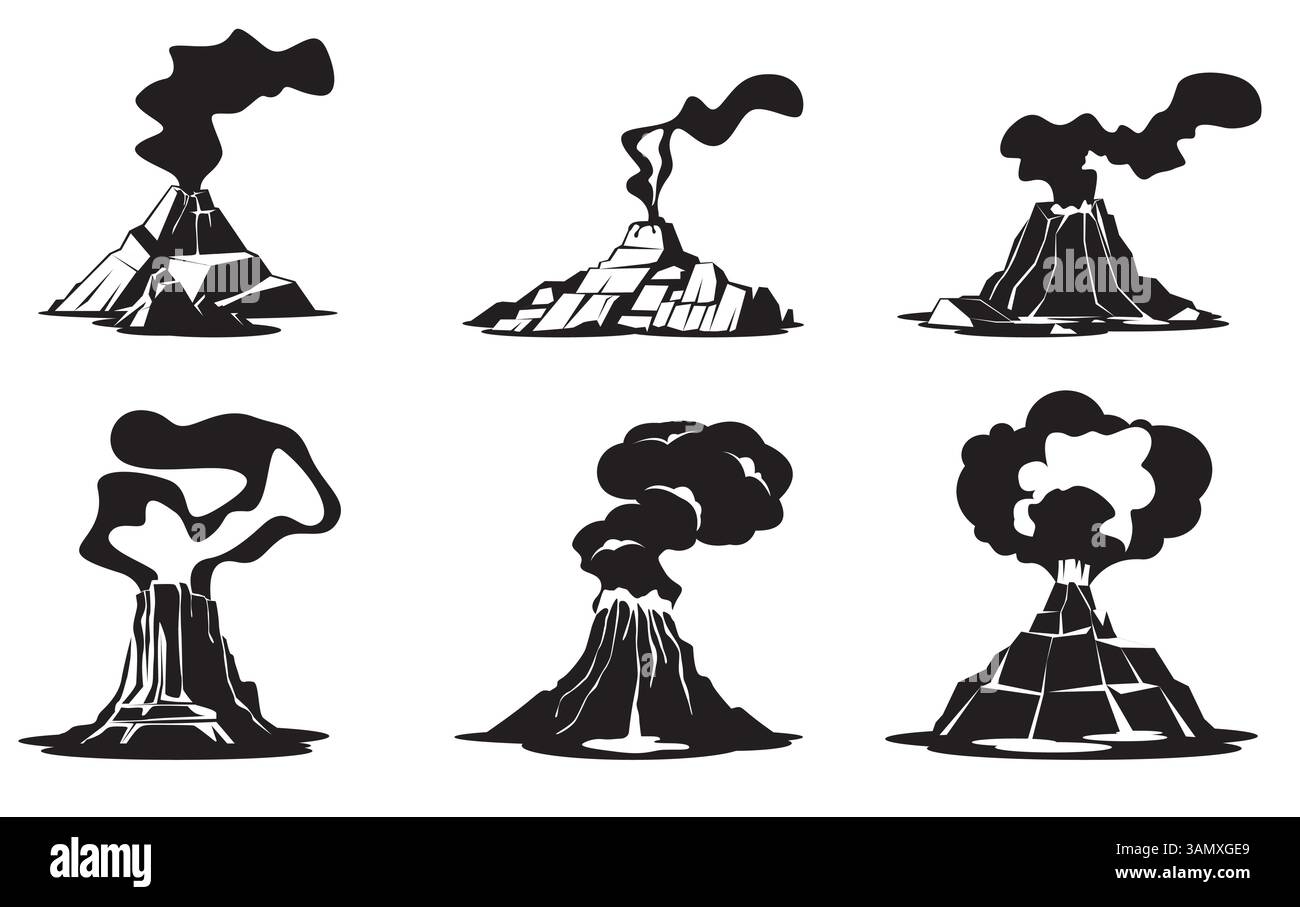 Active volcano icons. Black silhouettes mountains with craters, lava ...