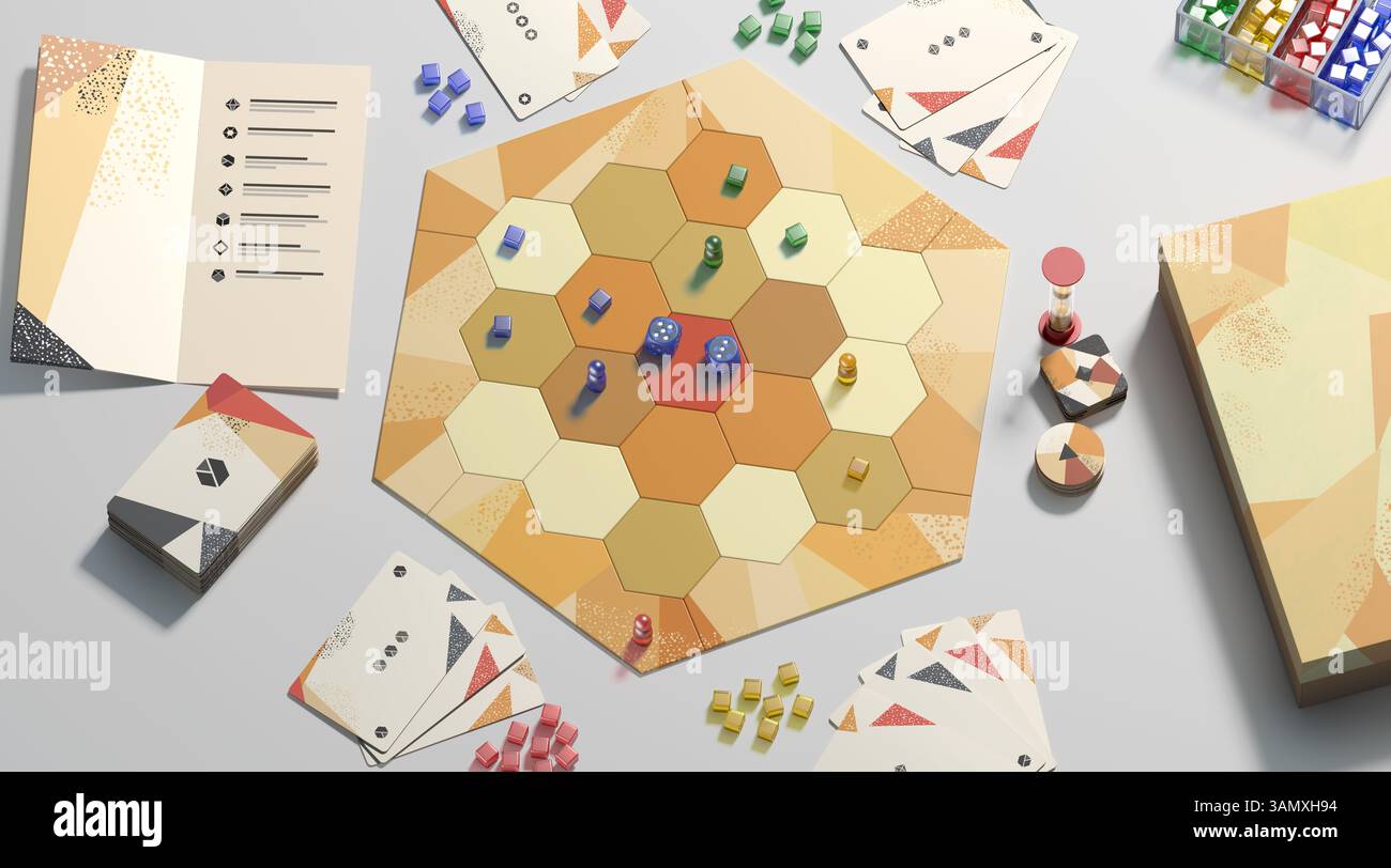 Colored board game field with chips, dice and cards mockup Stock Photo ...