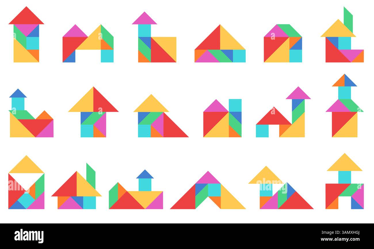 Tangram buildings. Geometric jigsaws, kids puzzles with colorful simple ...