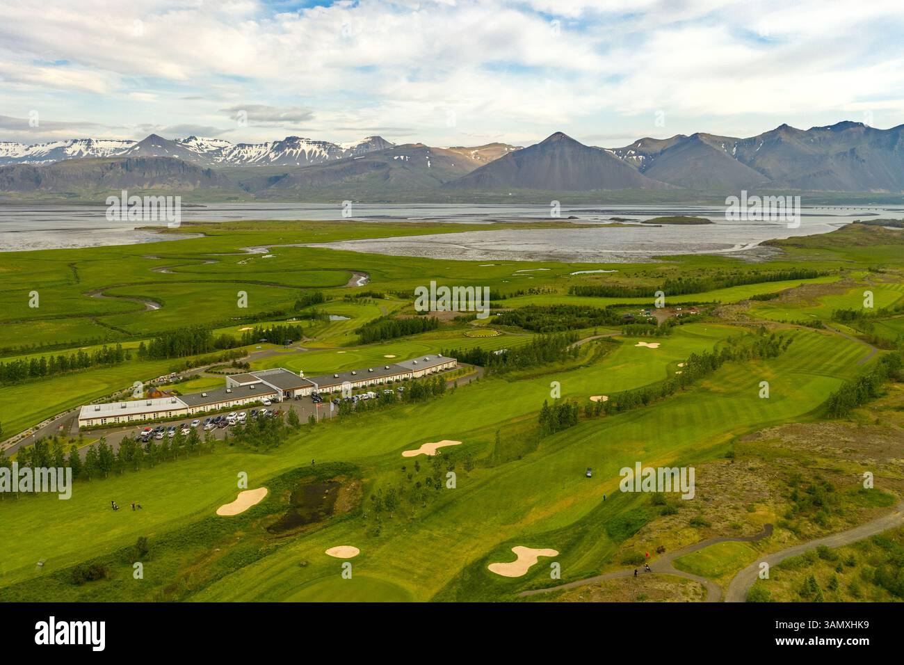 Aerial view of Hamarsvöllur golf course and Icelandair hotel Hamar with ...