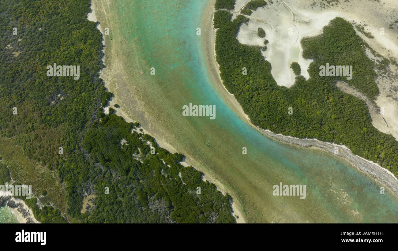 Aerial view of secluded lagoon with mangroves and pristine water ...