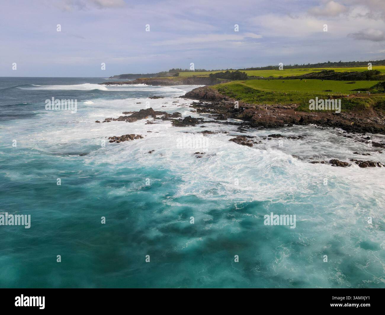 Aerial view of beautiful rocky shoreline with azure waves and lush ...