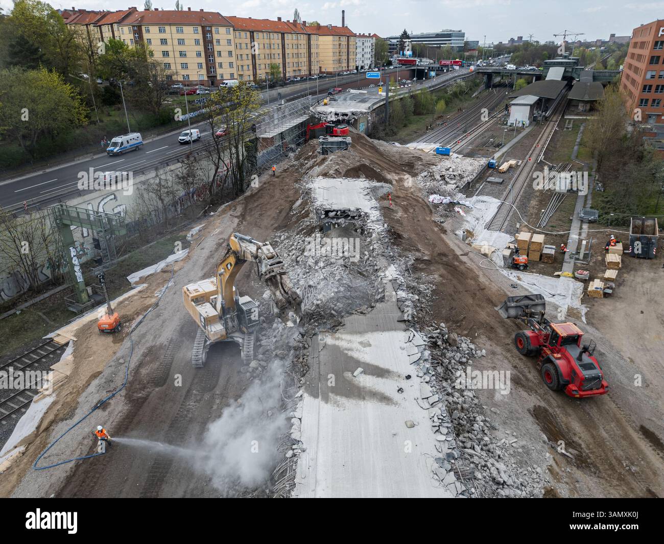 Berlin, Germany. 14th Apr, 2025. Aerial view of the demolition work on ...