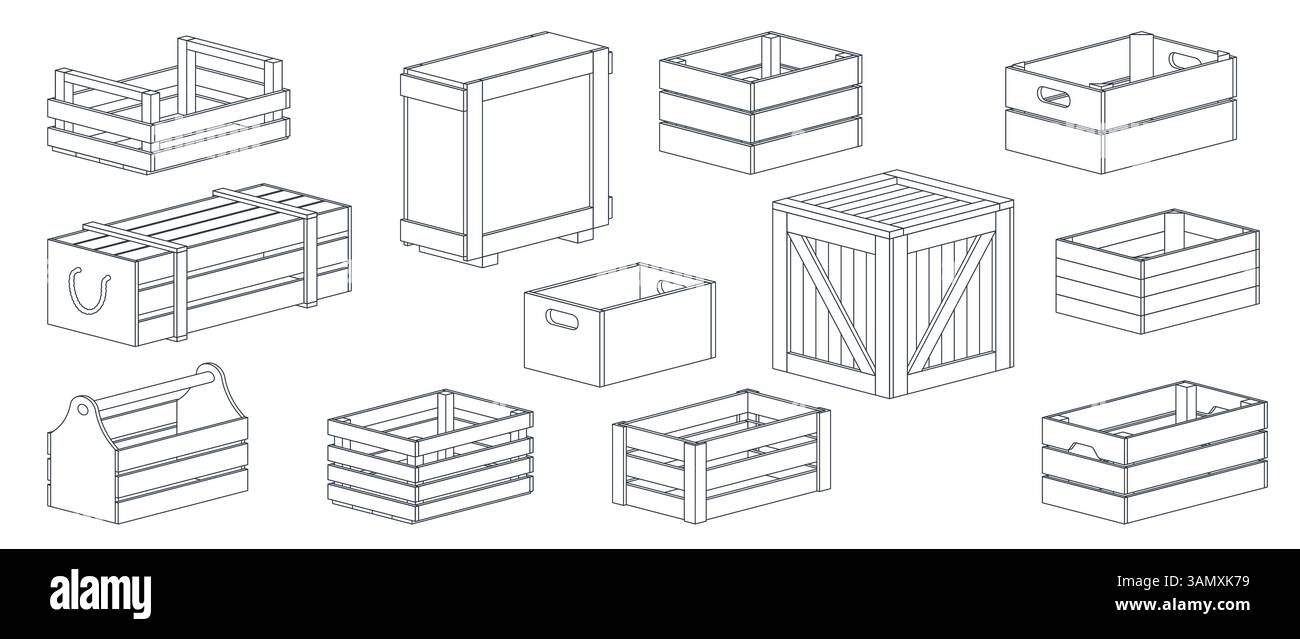 Linear wooden boxes. Closed and open crate packages, isometric outline ...