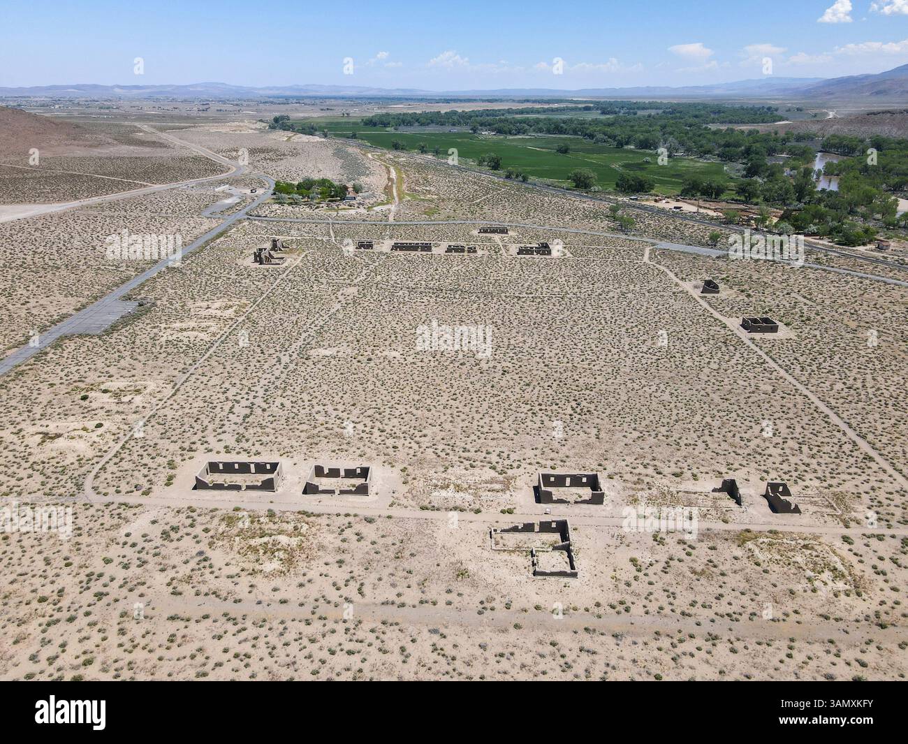 Aerial view of historic ruins of Fort Churchill in a barren desert ...